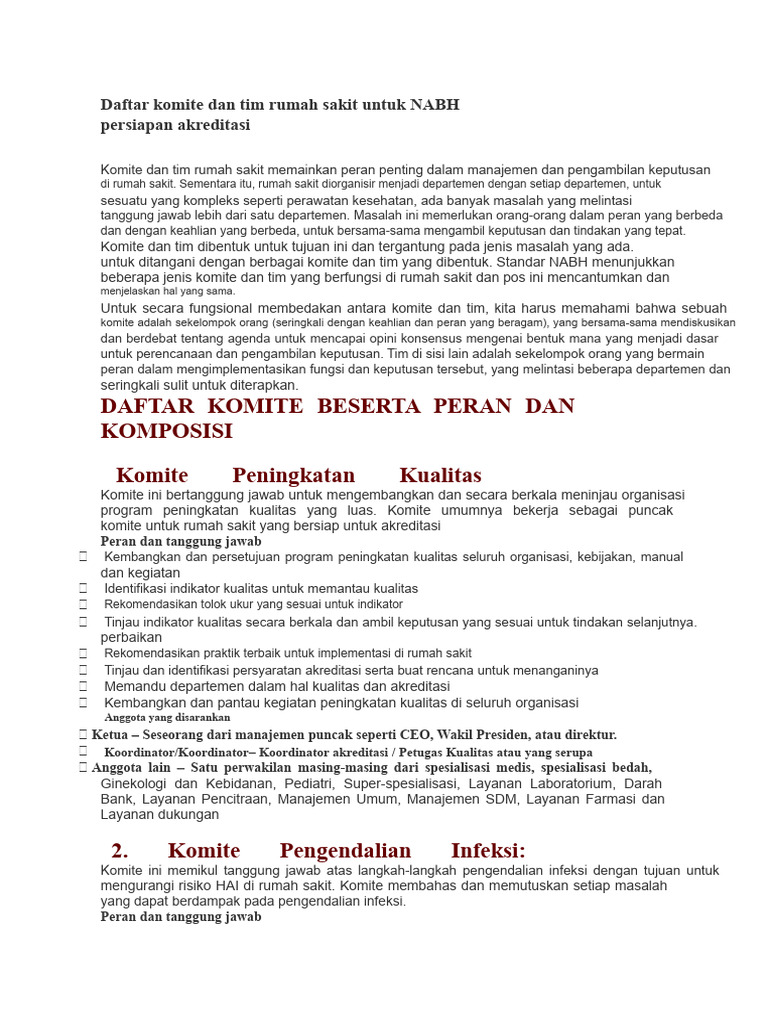 Komite dan Tim Rumah Sakit untuk NABH | PDF