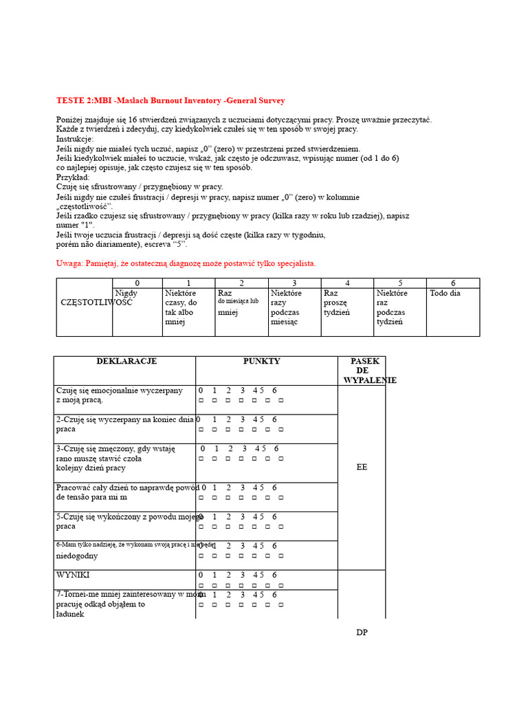 Test MBI - Maslach Burnout Inventory | PDF