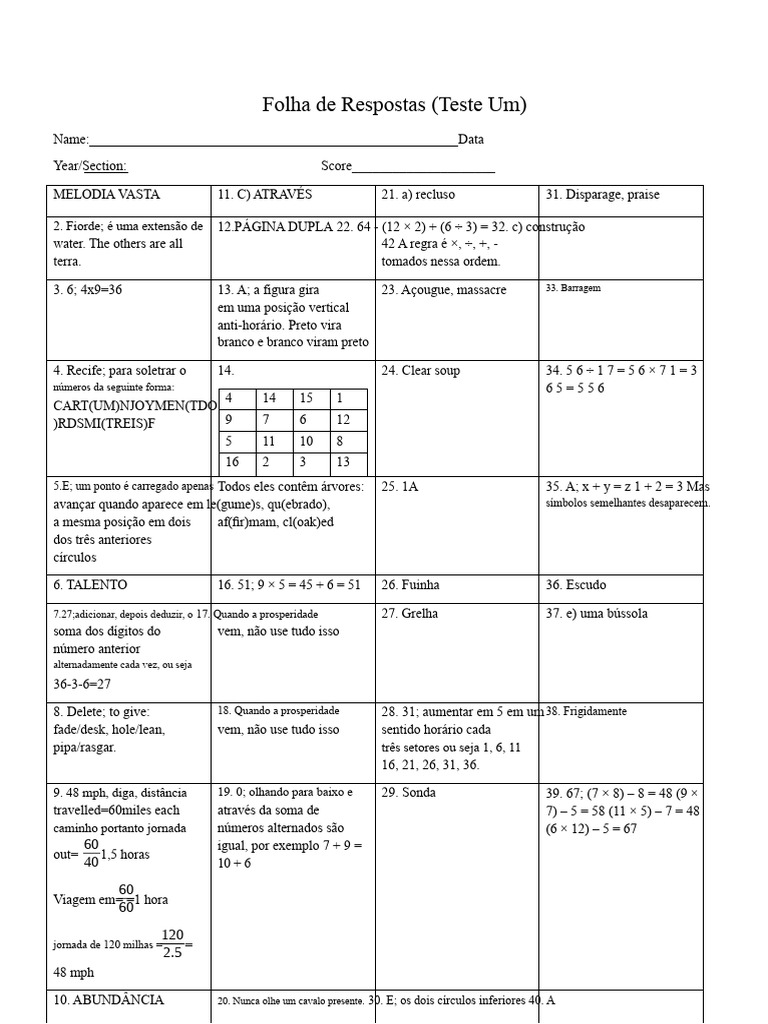 Folha de Respostas para Testes Diversos | PDF