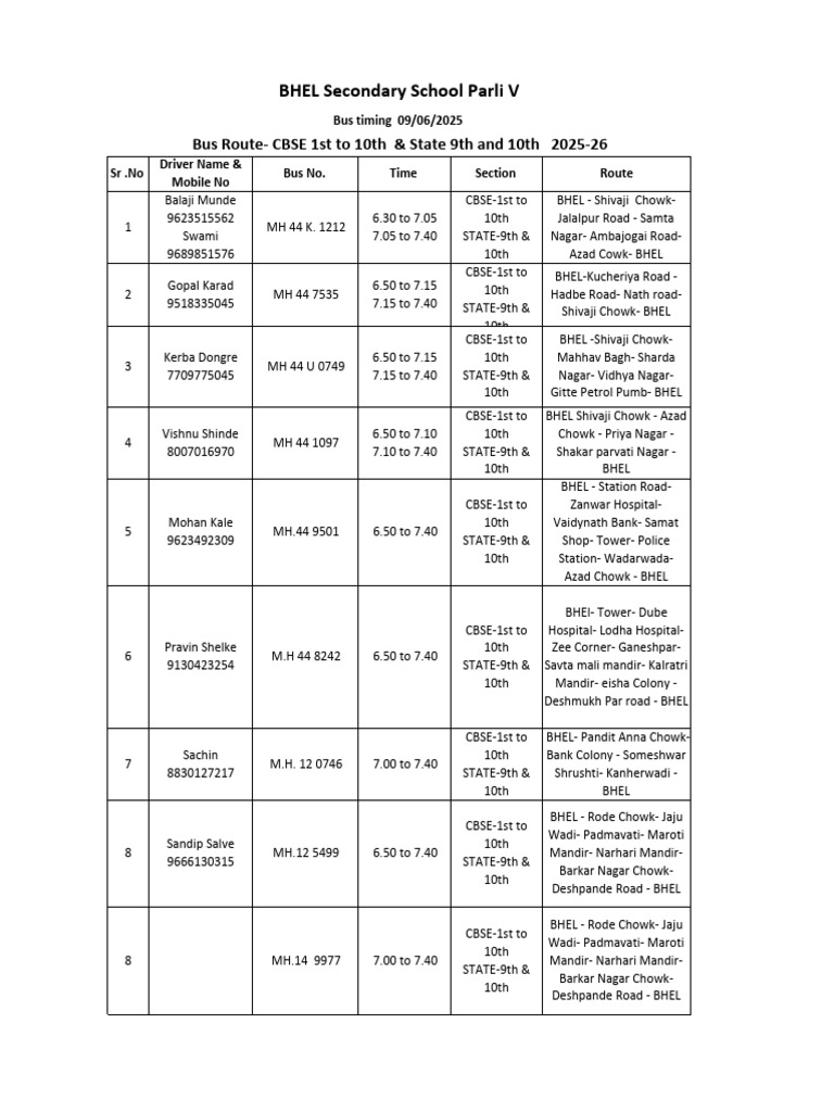 CBSE 1st To 10th & State 9th & 10th Bus Time | PDF