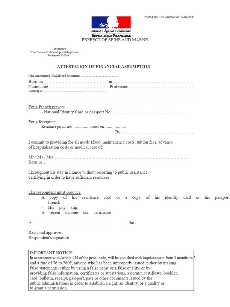 Attestation of Financial Assumption Form | PDF