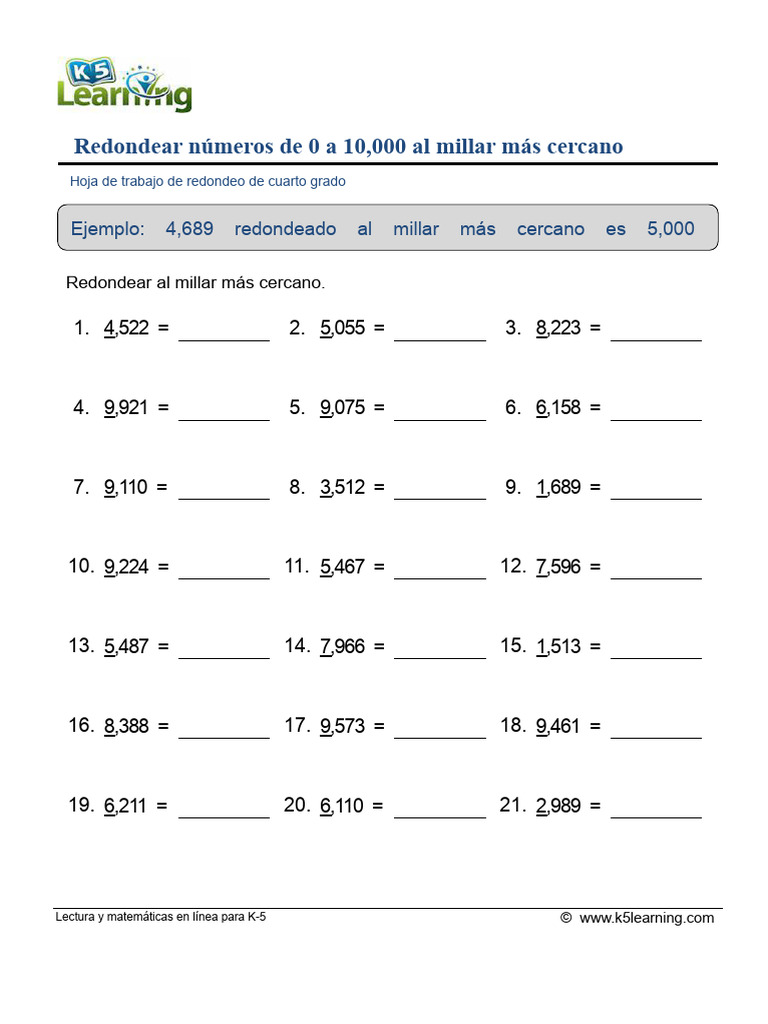 Grado 4 Redondear Números de 4 Dígitos Al Número Cercano A 1000 | PDF