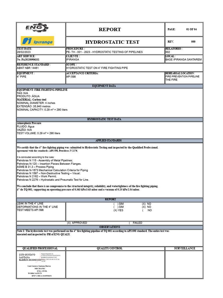 Hydrostatic Test Report for 4" Pipeline | PDF | Pipe (Fluid Conveyance ...