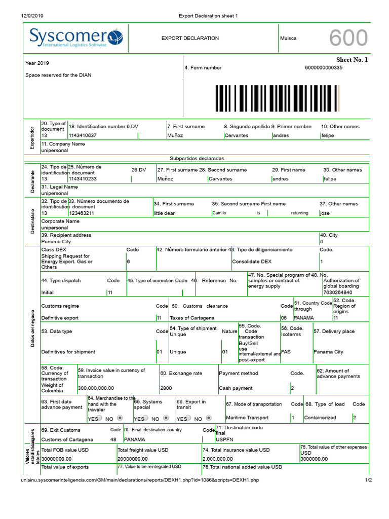 Filled Export Declaration | PDF | Freight Transport | United States Dollar