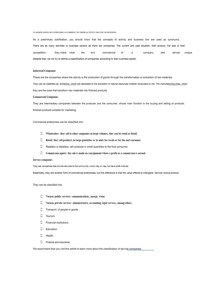 Classification of Companies According to Their Activity or Business ...