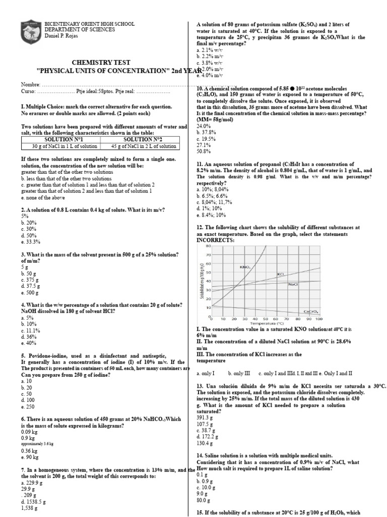 Chemistry Test: Percentage Concentration Units A (2ND) | PDF ...