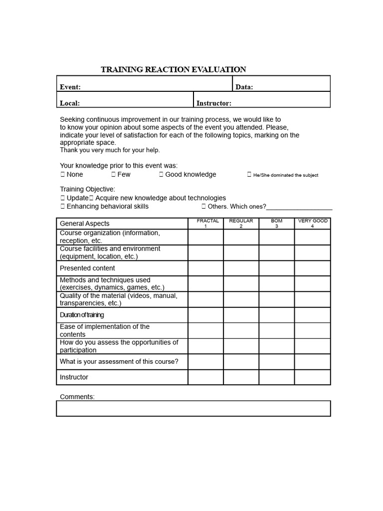 Training Reaction Evaluation Survey | PDF