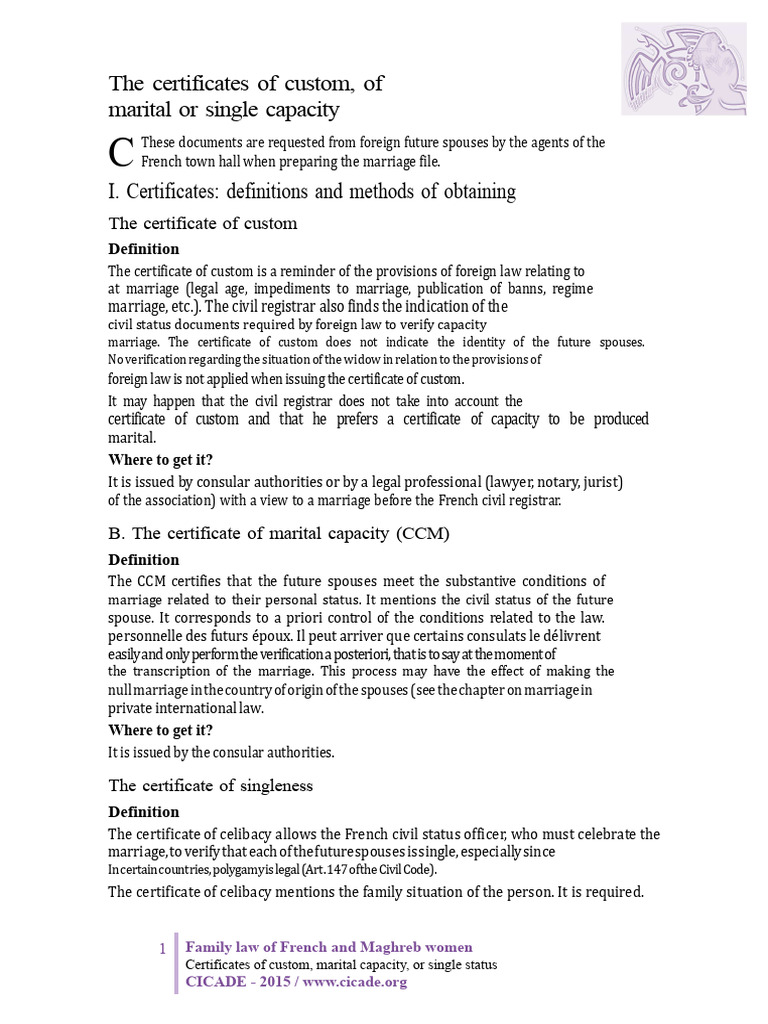 Certificates of Custom of Marriage Capacity or Celibacy | PDF ...