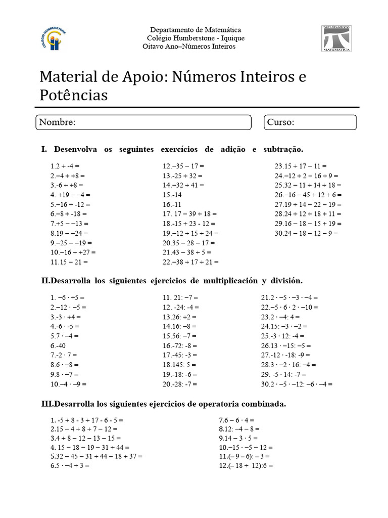 Exercícios de Números Inteiros para 8º Ano | PDF