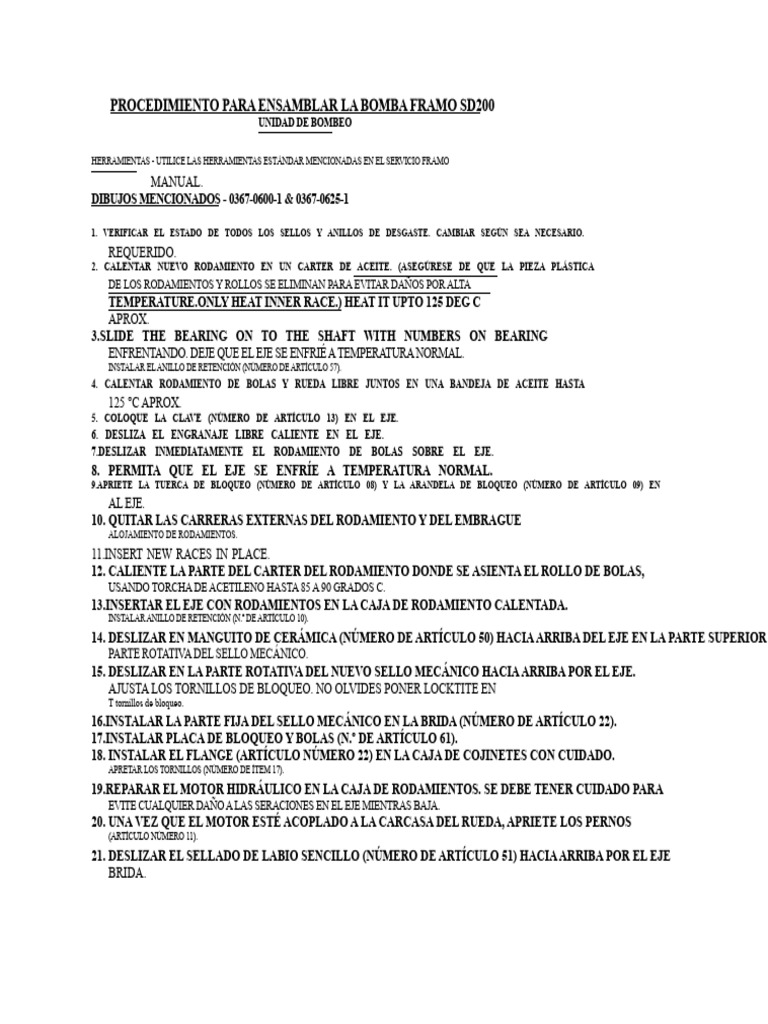 Procedimiento de ensamblaje para la bomba Framo Sd200 | PDF | Eje ...