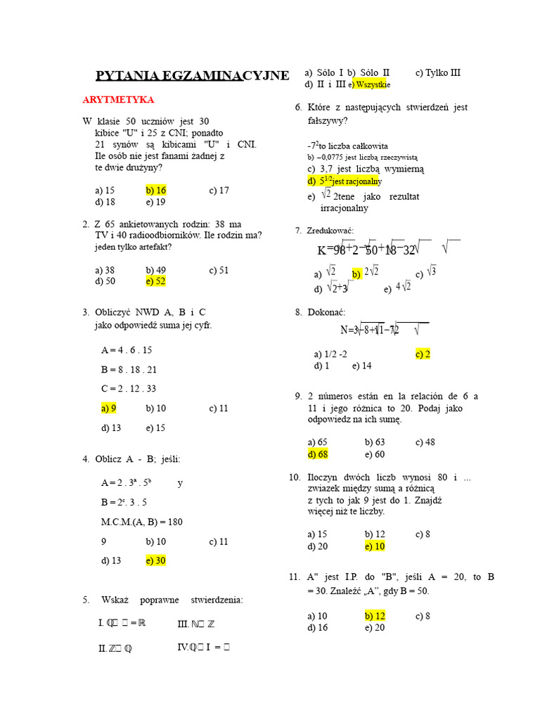 Pytania egzaminacyjne z klasy 3 i 4 z arytmetyki i RM | PDF
