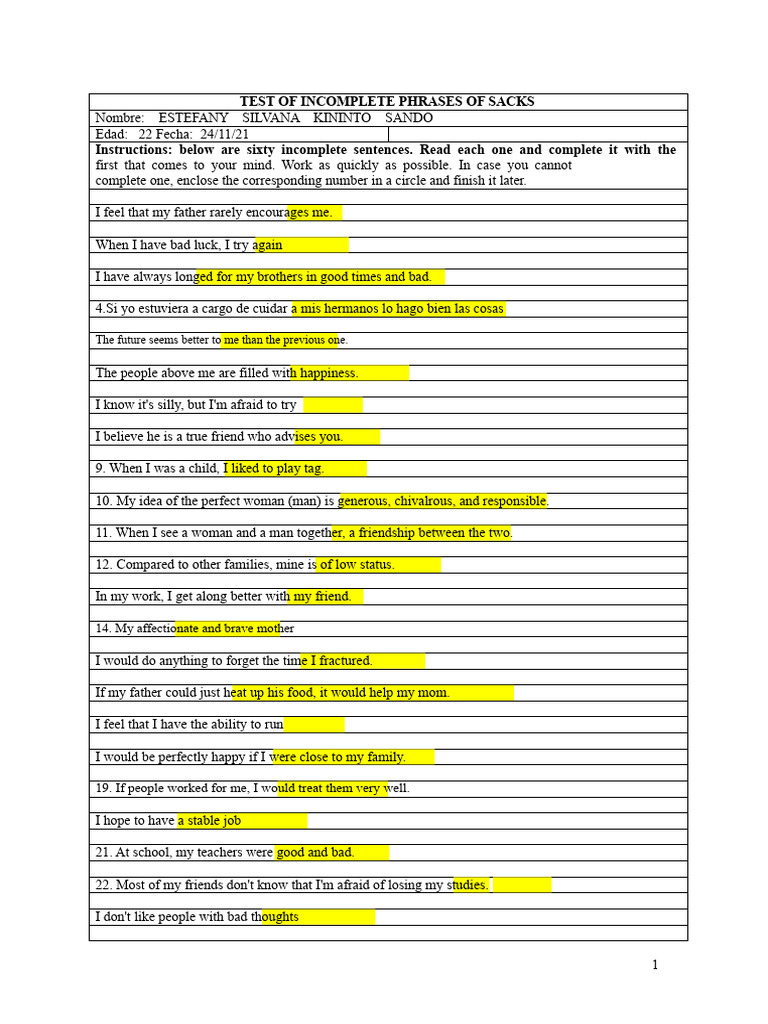 SACKS INCOMPLETE SENTENCE TEST | PDF | Social Psychology ...