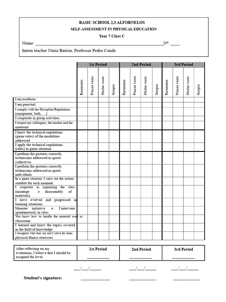 Physical Education Self-Evaluation Form | PDF
