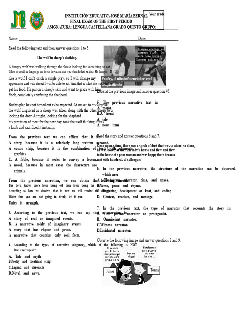 Fifth Grade Spanish Exam Questions | PDF | Sheep | Squirrel