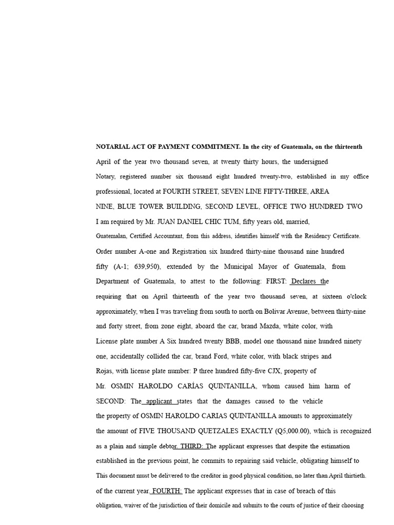 Payment Commitment For Car Accident | PDF | Notary Public | Common Law