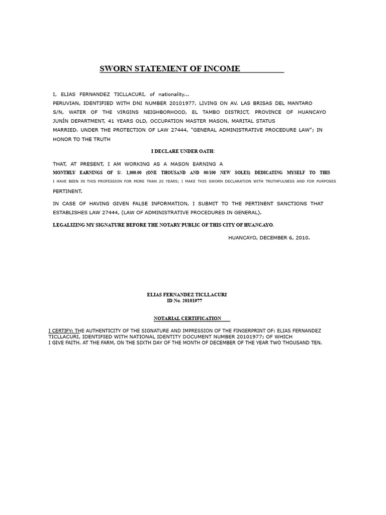 Sworn Income Statement of Elias Fernandez | PDF