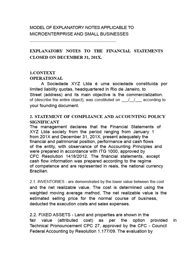 Model of Explanatory Notes Applicable To Microenterprises and Small ...