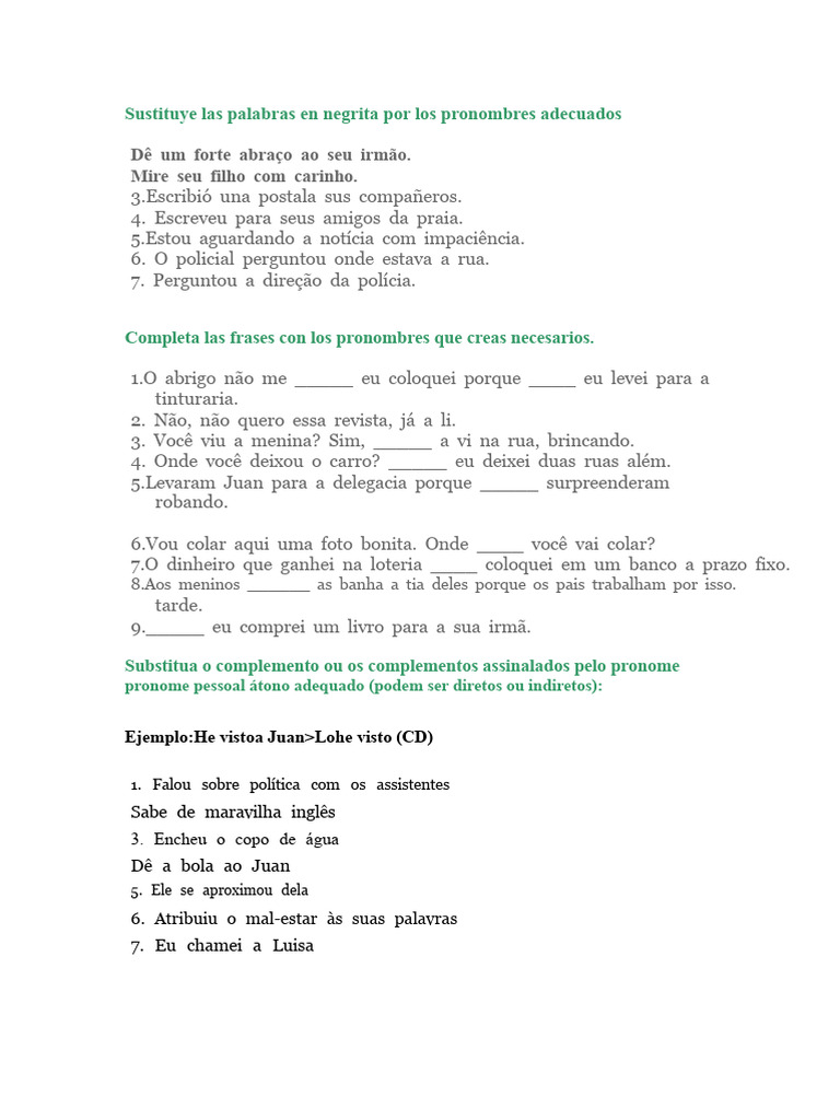 Exercício Complemento Direto e Indireto | PDF | Pronome