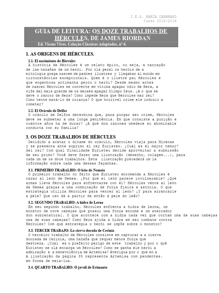 Guia de Leitura Os Doze Trabalhos de Hércules Definitiva | PDF | Mitologia grega | Argonautas
