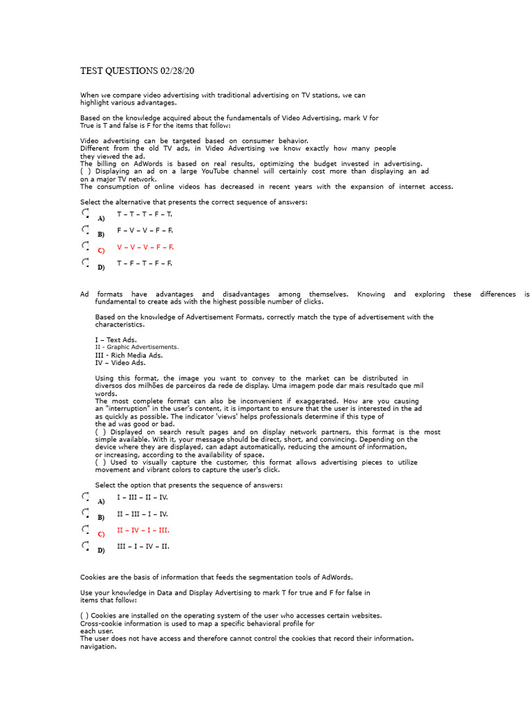 QUESTIONS TEST 28 Campaign Management With Google AdWords | PDF ...