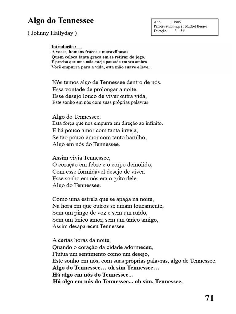 71-Hallyday-Algo-de-Tennessee LETRAS | PDF