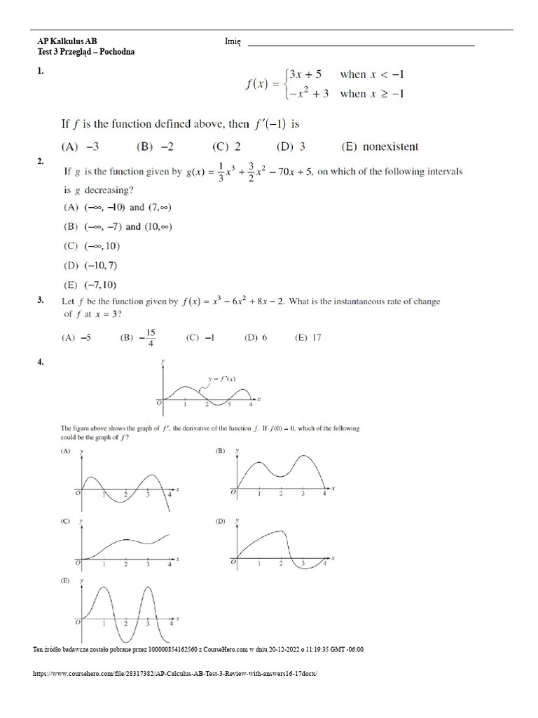 AP Calculus AB Test 3 Review Z Odpowiedziami16 17 PDF | PDF
