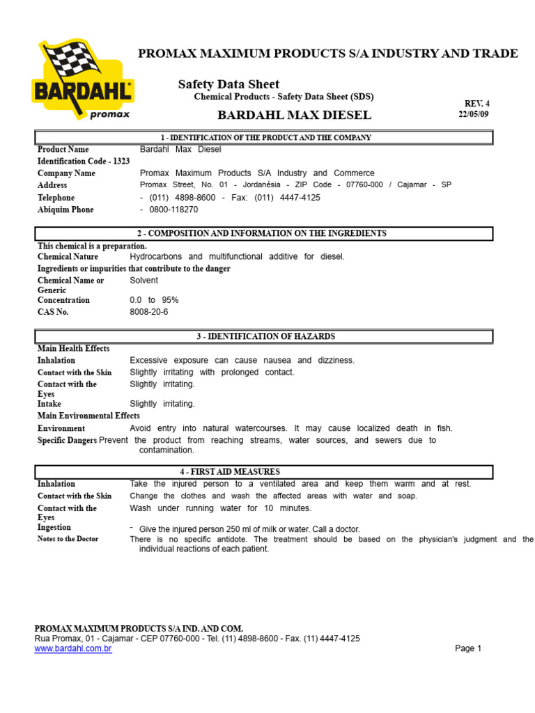 Bardahl Max Diesel Safety Data Sheet | PDF | Combustion | Toxicity