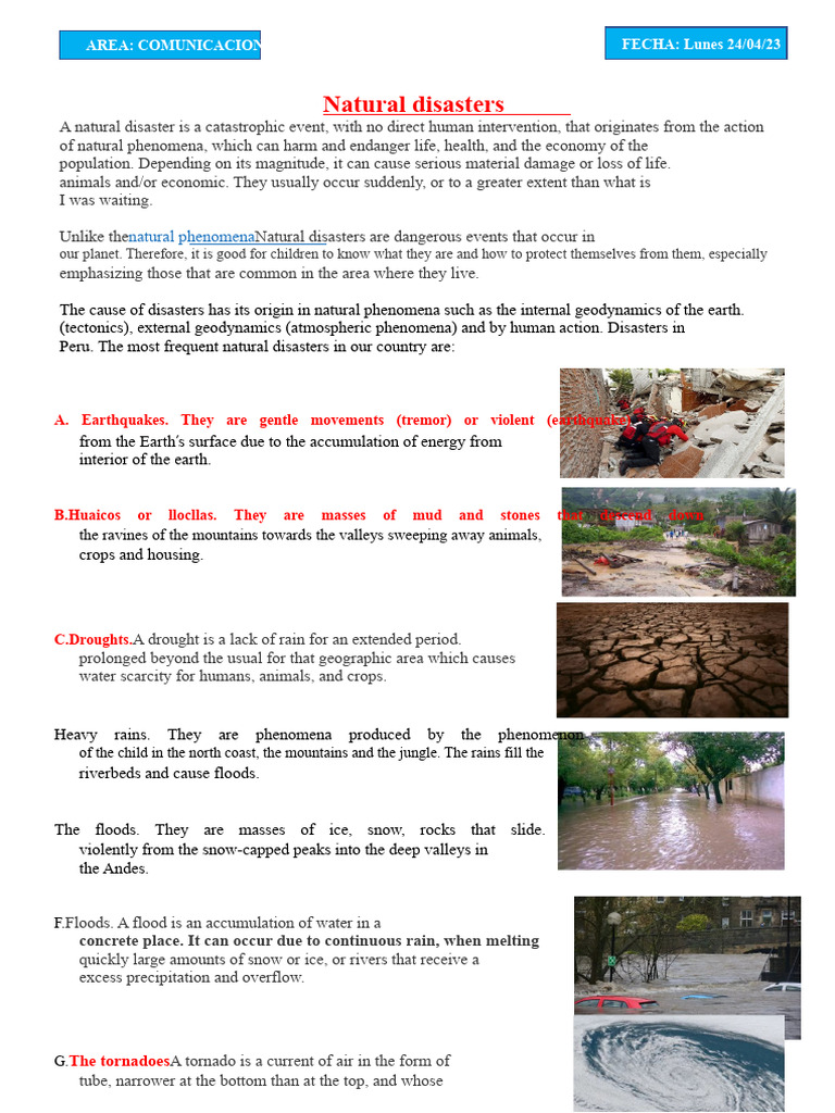 Sheet Communication We Read About Natural Disasters Monday, April 24 ...