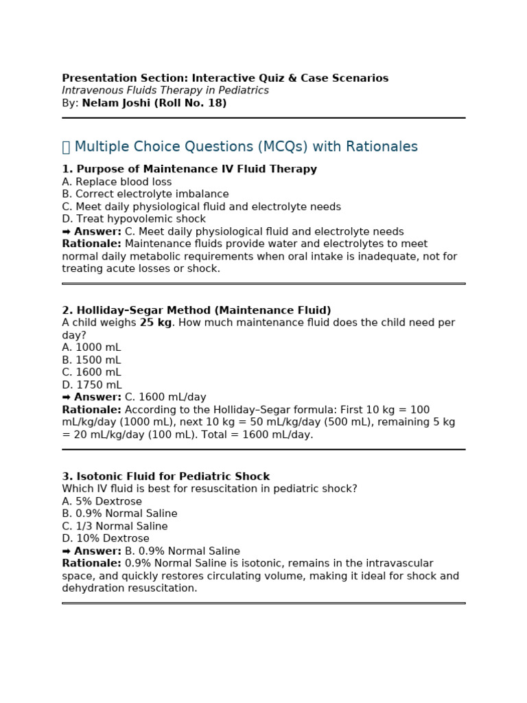 Pediatric IV Fluid Therapy Quiz | PDF | Medical Specialties | Medical ...