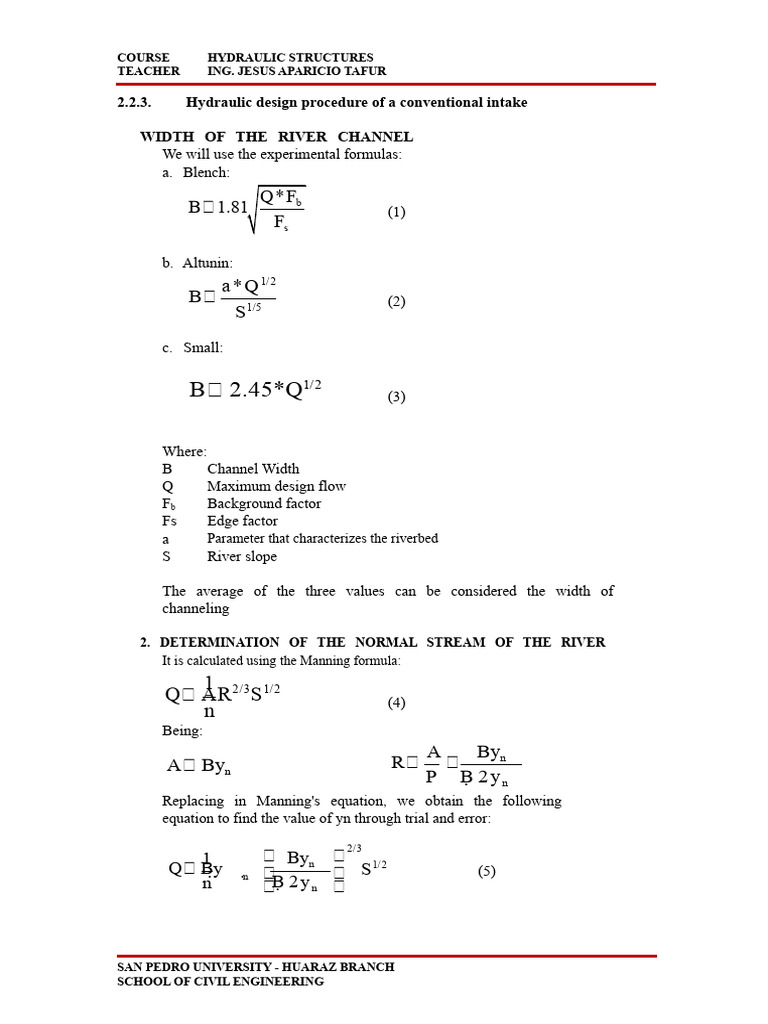 Design of Intake Structure (Procedure) | PDF | Spillway | Water