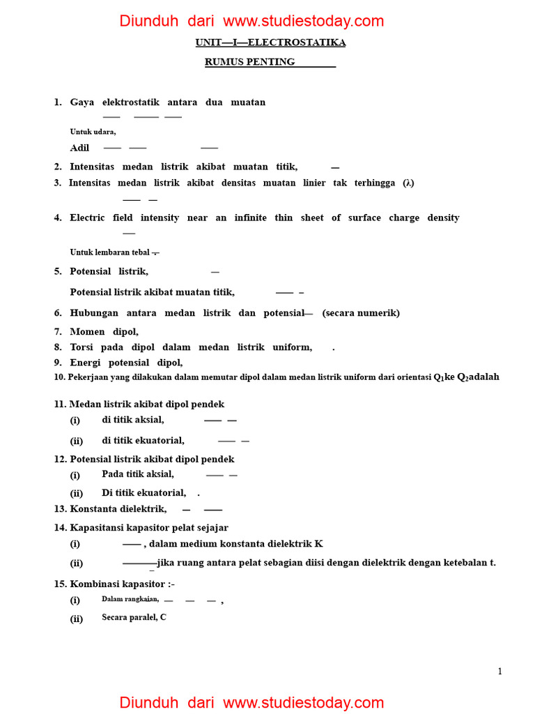 CBSE Kelas 12 Fisika - Rumus Elektrostatika | PDF
