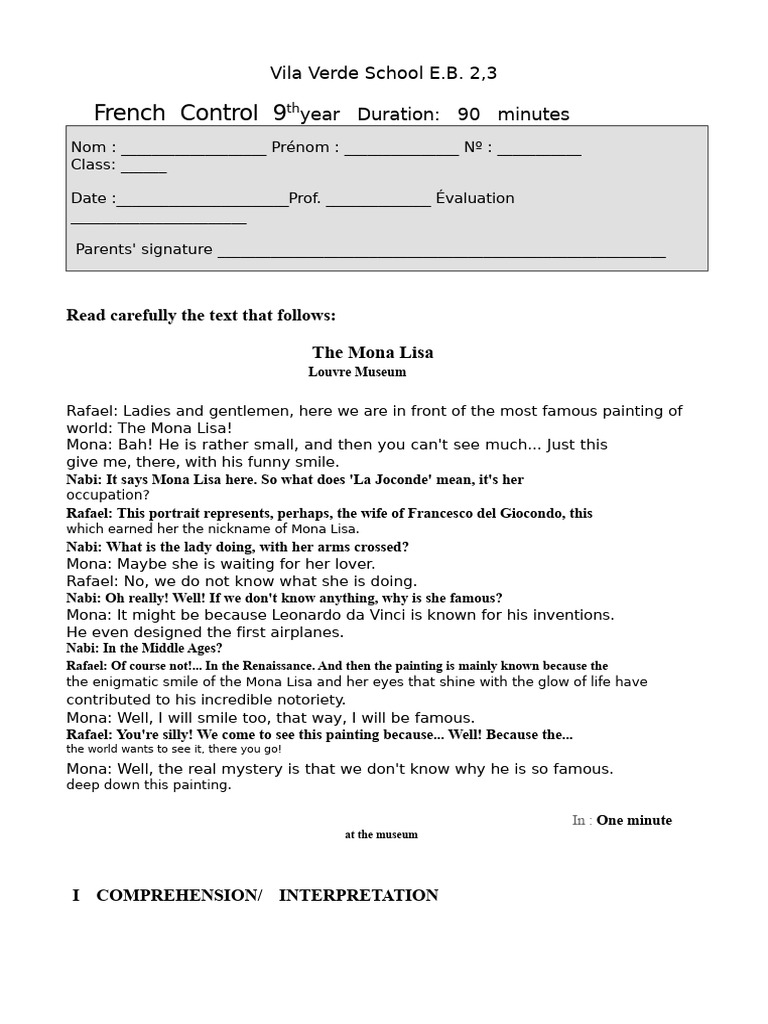 French Test 2 Mona Lisa | PDF | The Arts | Paintings