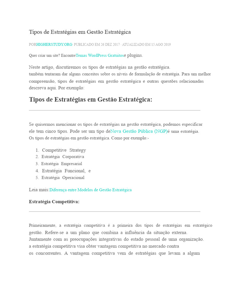 Tipos de Estratégias em Gestão Estratégica | PDF | Vantagem competitiva ...