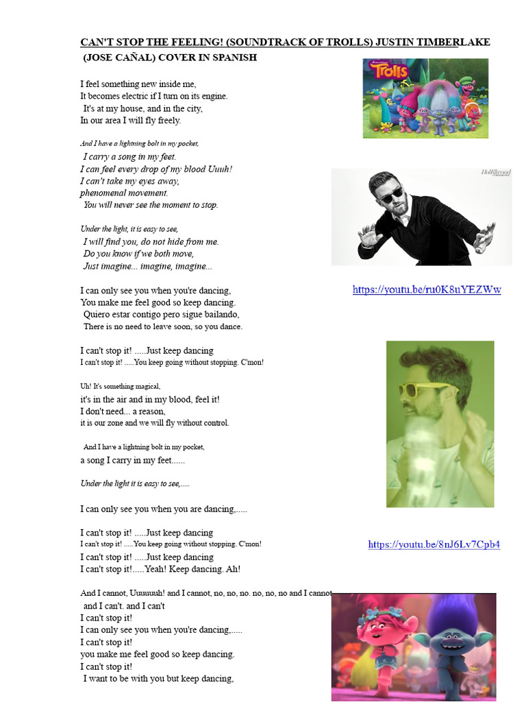 Can't Stop The Feeling - Cover by Jose Cañal - Lyrics | PDF
