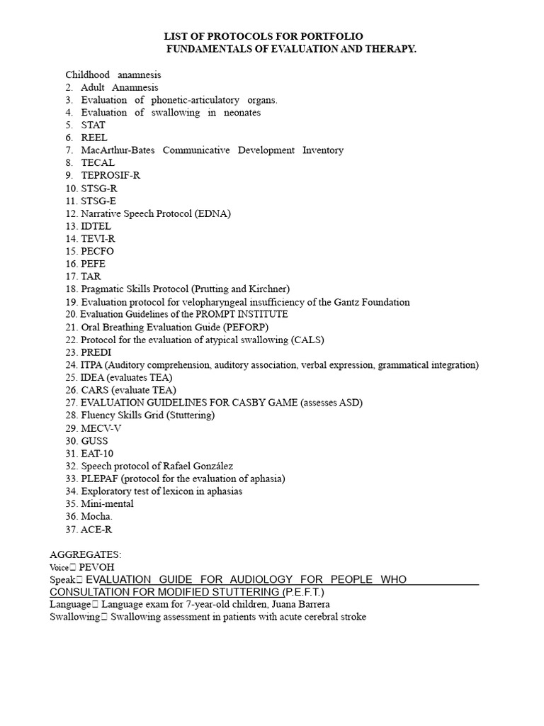 List of Speech Therapy Protocols | PDF