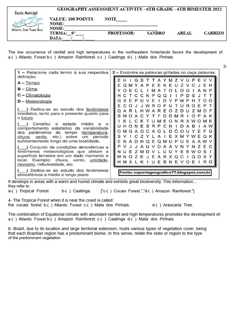 6th GRADE Evaluation 4th Quarter - climate-vegetation and soil | PDF ...