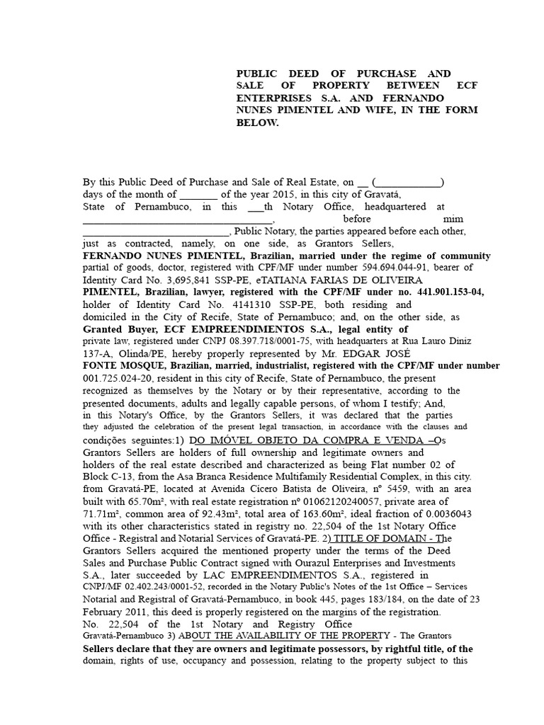 DRAFT DEED - Purchase and Sale - ASA BRANCA RESIDENCE PDF | PDF ...
