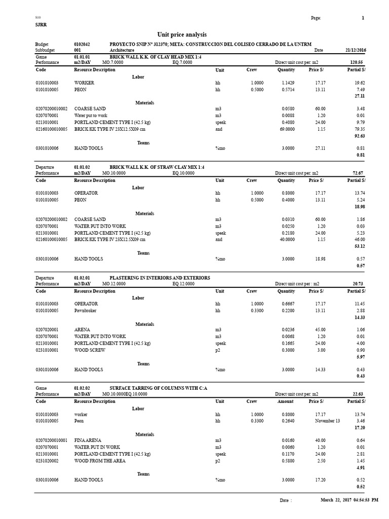 Unit Price Analysis for Coliseum Project | PDF | Concrete | Cement