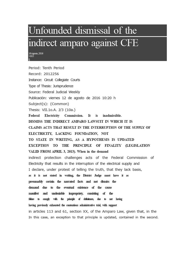 Improper Dismissal of The Indirect Amparo Against CFE PDF | PDF ...