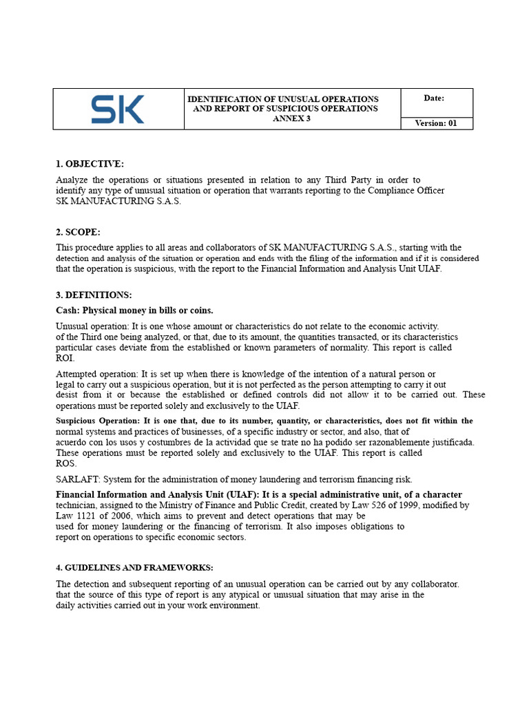 ANNEX 3 Identification of Unusual Operations and Reporting of ...