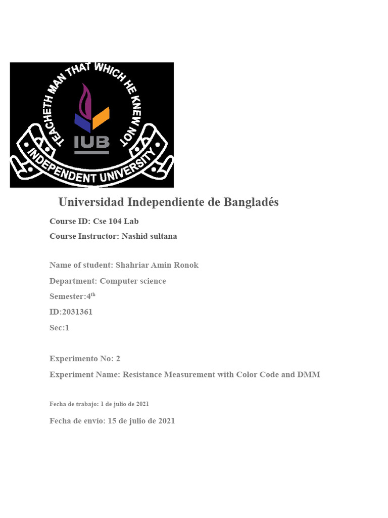 Medición de resistencia con código de colores y multímetro digital (DMM) | PDF | Resistor | Color
