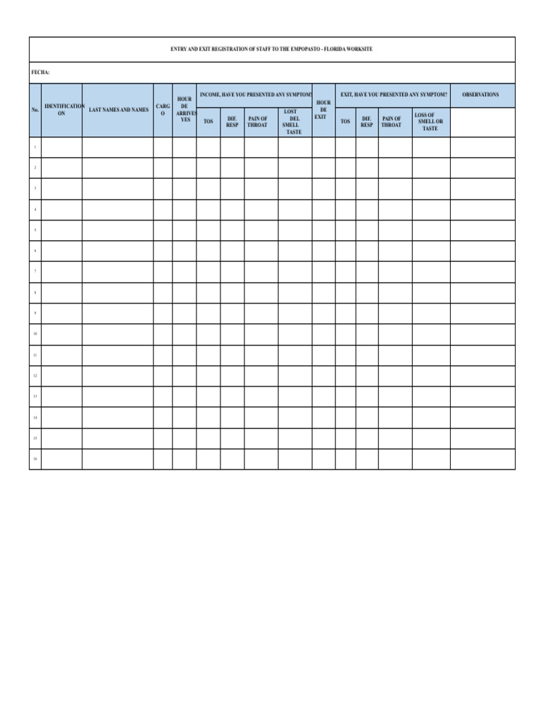 ENTRY AND EXIT REGISTER OF PERSONNEL AT THE EMPOPASTO WORKSITE | PDF