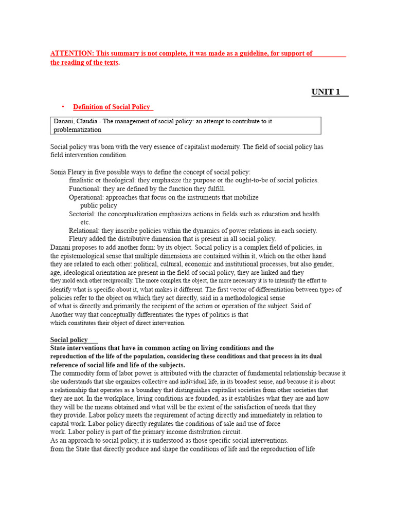 Social Policy Summary - Danani - FIRST PARTIAL | PDF | Value (Economics ...