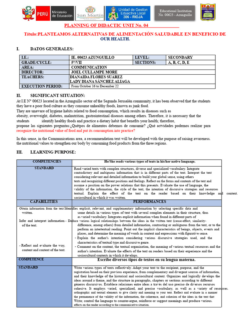 DIDACTIC UNIT No. 4 - HEALTHY EATING | PDF | Information | Nonverbal ...