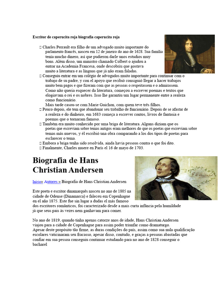 Escritor da Chapeuzinho Vermelho biografia Chapeuzinho Vermelho.docx | PDF | Charles Perrault ...