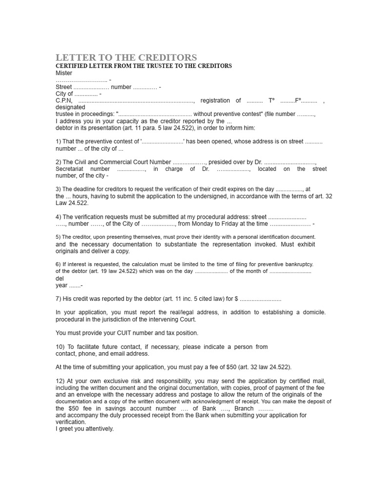 Letter to the Creditors | PDF | Bankruptcy | Business Law