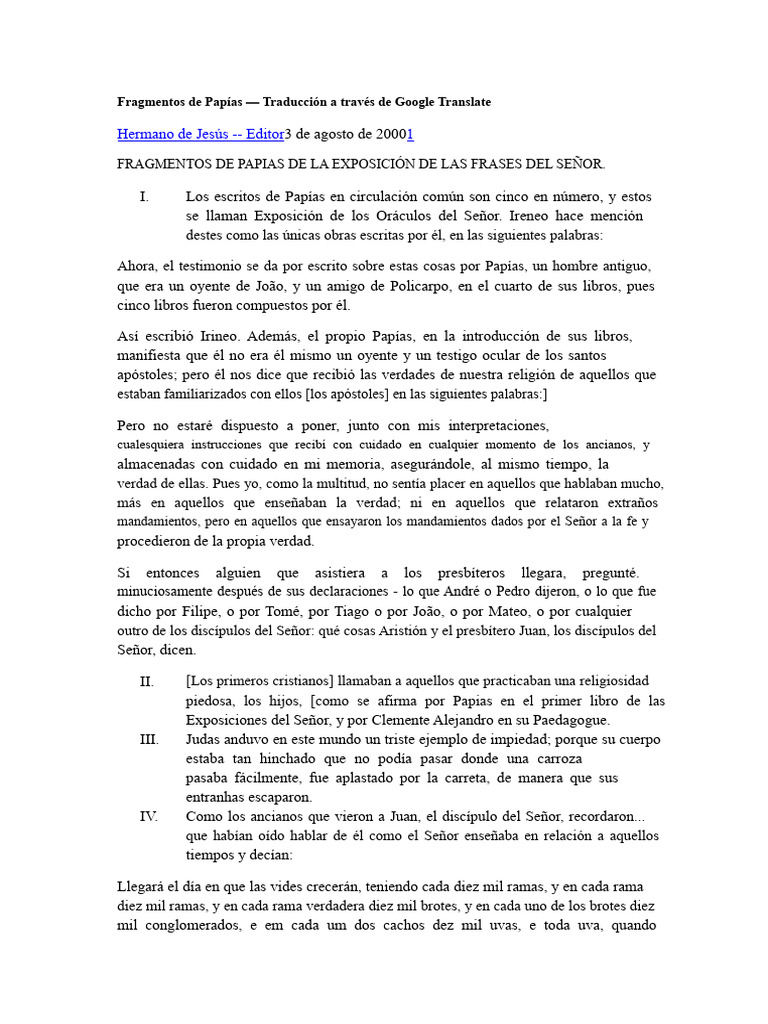 Fragmentos de Papías | PDF | Evangelio de Marcos | Cristianismo primitivo