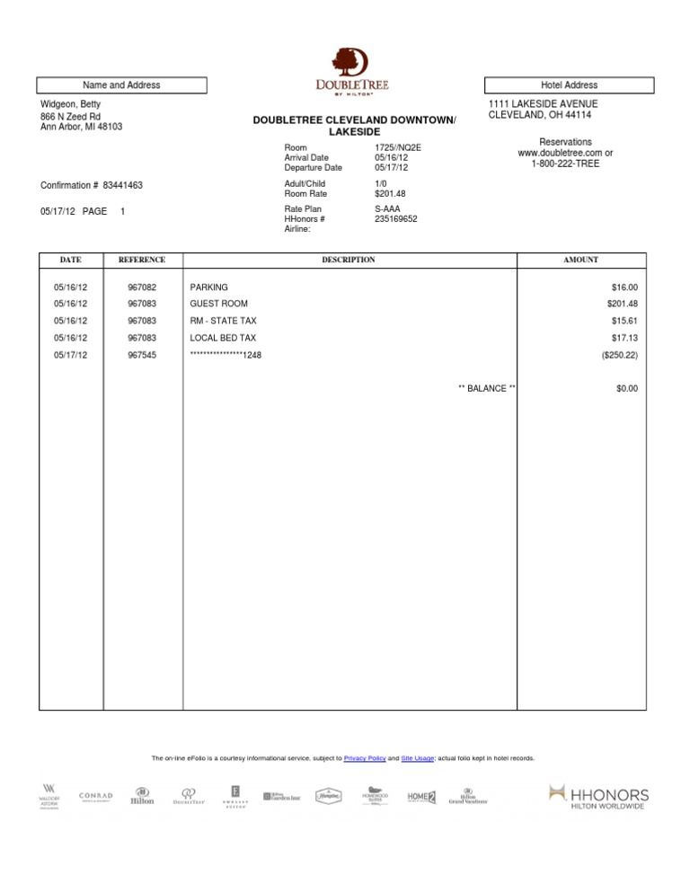 Doubletree Cleveland Receipt | PDF