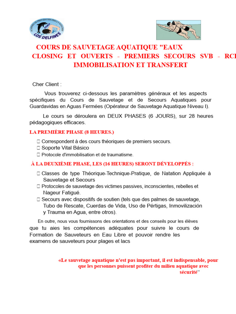 Cours de Sauvetage Aquatique et Secours | PDF