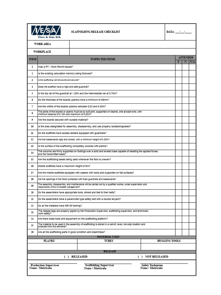 Scaffolding Safety Release Checklist | PDF | Scaffolding | Equipment